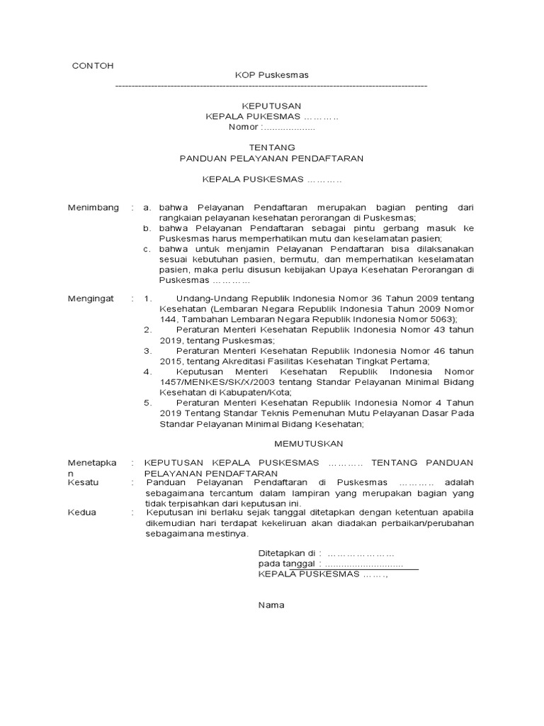 1 Contoh SK Kapus Tentang Pemberlakuan Panduan Pelayanan Pendaftaran | PDF
