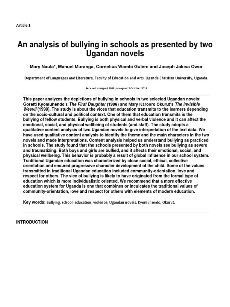 An Analysis of Bullying in Schools As Presented by Two Ugandan Novels ...