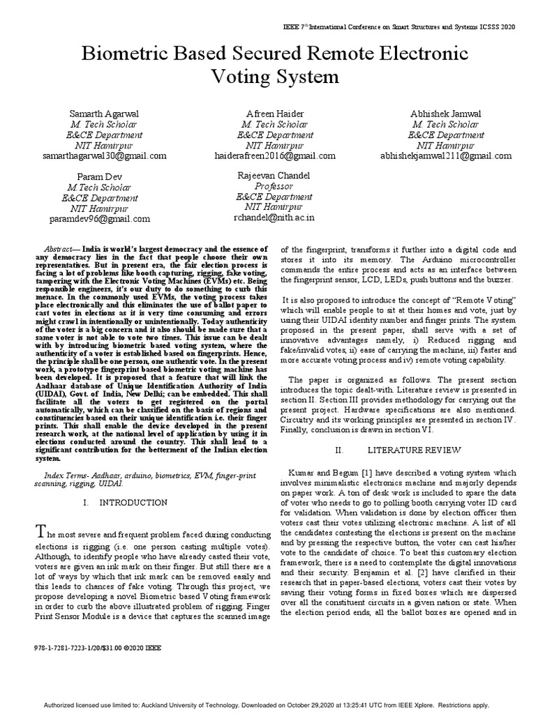 Biometric Based Secured Remote Electronic Voting System | PDF | Voting ...