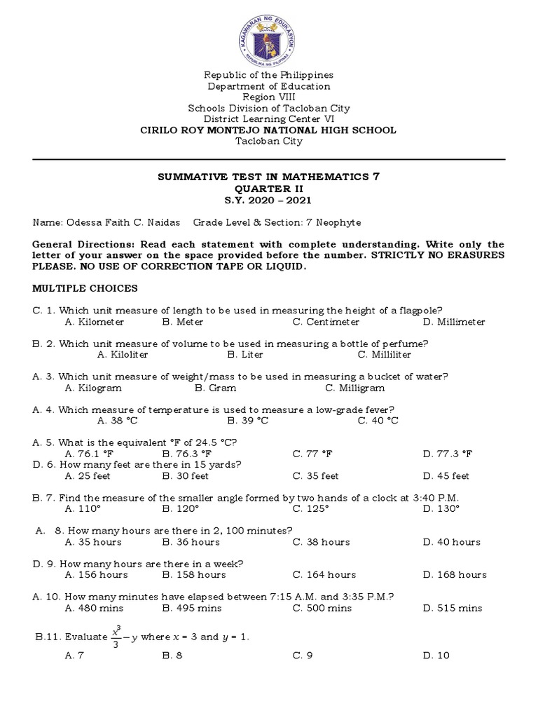 Grade 7 Math Summative Test Quarter 2 | PDF | Litre | Kilogram