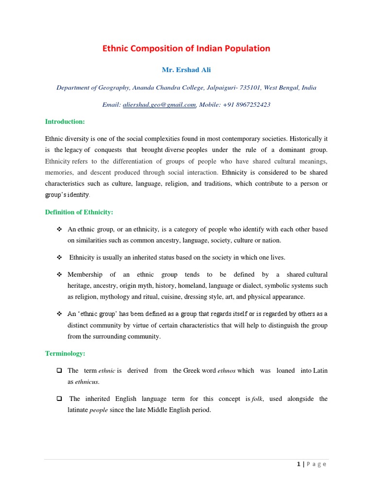 Ethnic Composition of Indian Population: A Summary of Racial ...