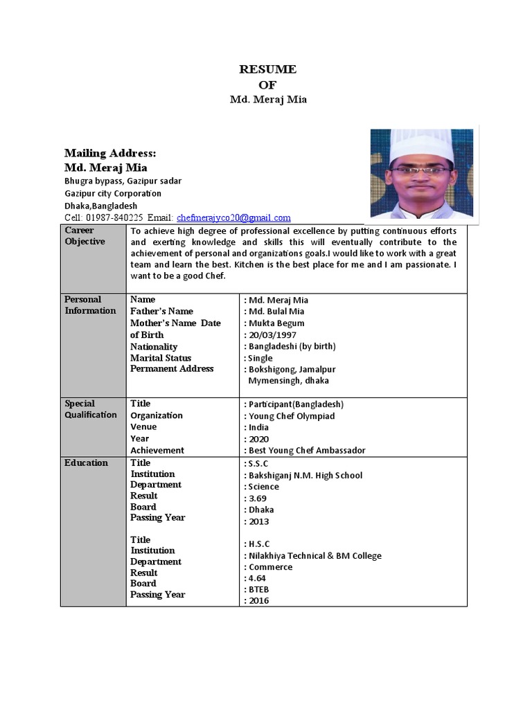 Chef Md. Meraj Mia's Resume | PDF | Dhaka | World Politics