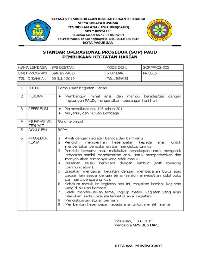 11 Sop Paud Pembukaan Kegiatan Harian | PDF