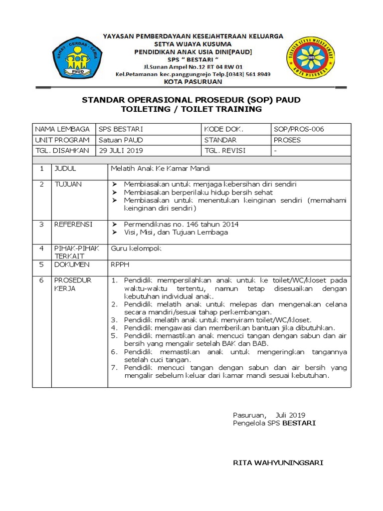 13 Sop Paud Toileting (Melatih Anak Ke Toilet) | PDF