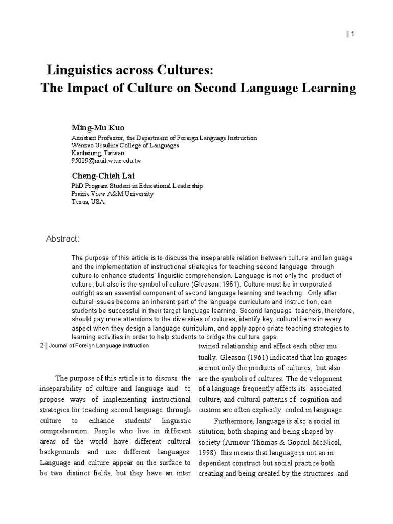 Linguistics Across Cultures:: The Impact of Culture On Second Language ...