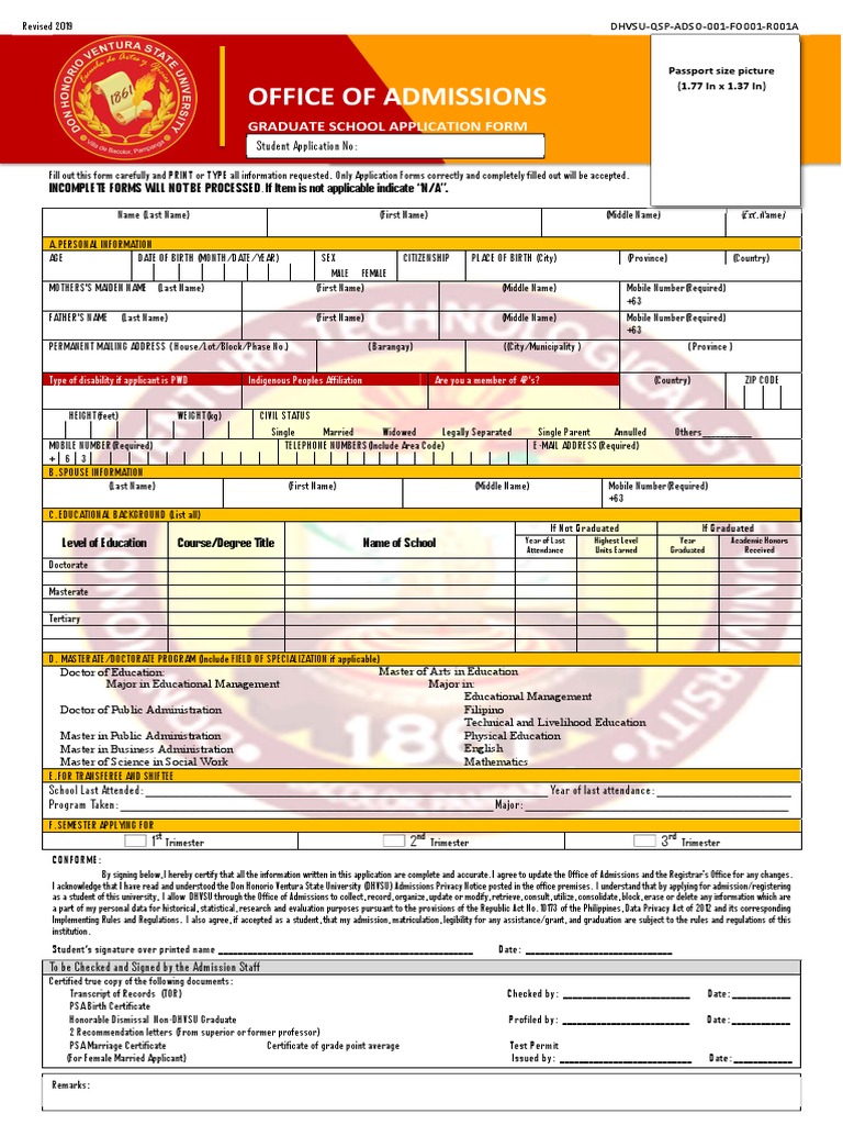 Office of Admissions: Graduate School Application Form | PDF ...