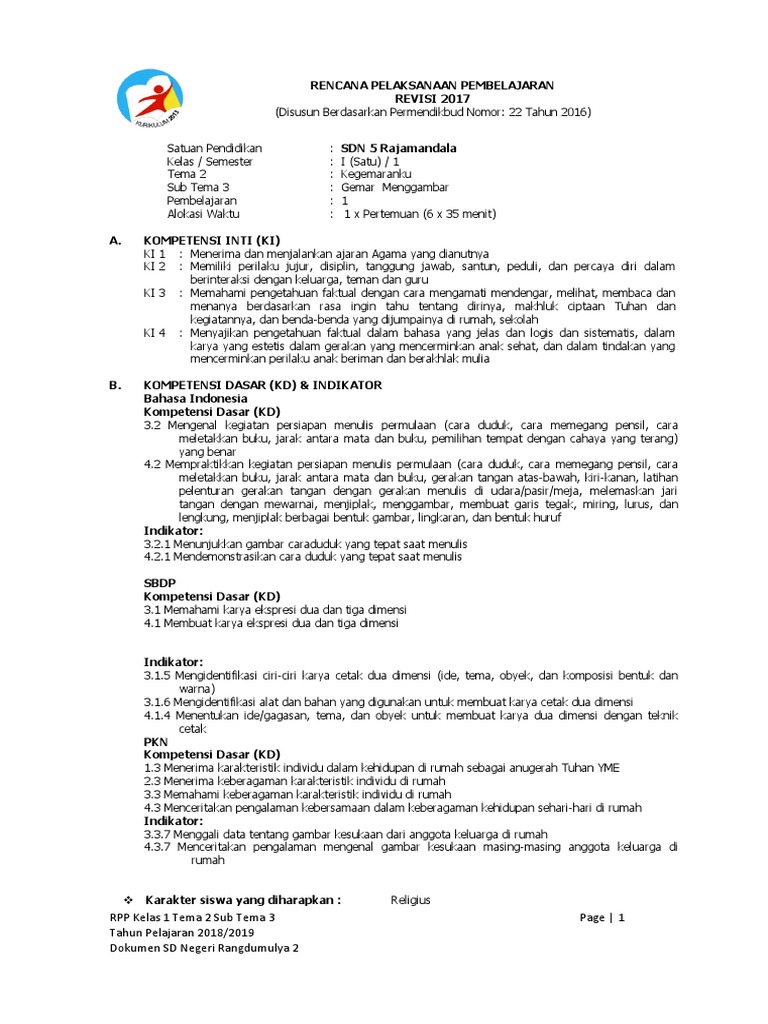 RPP Kelas 1 Tema 2 Sub Tema 3 | PDF | Karier & Perkembangan