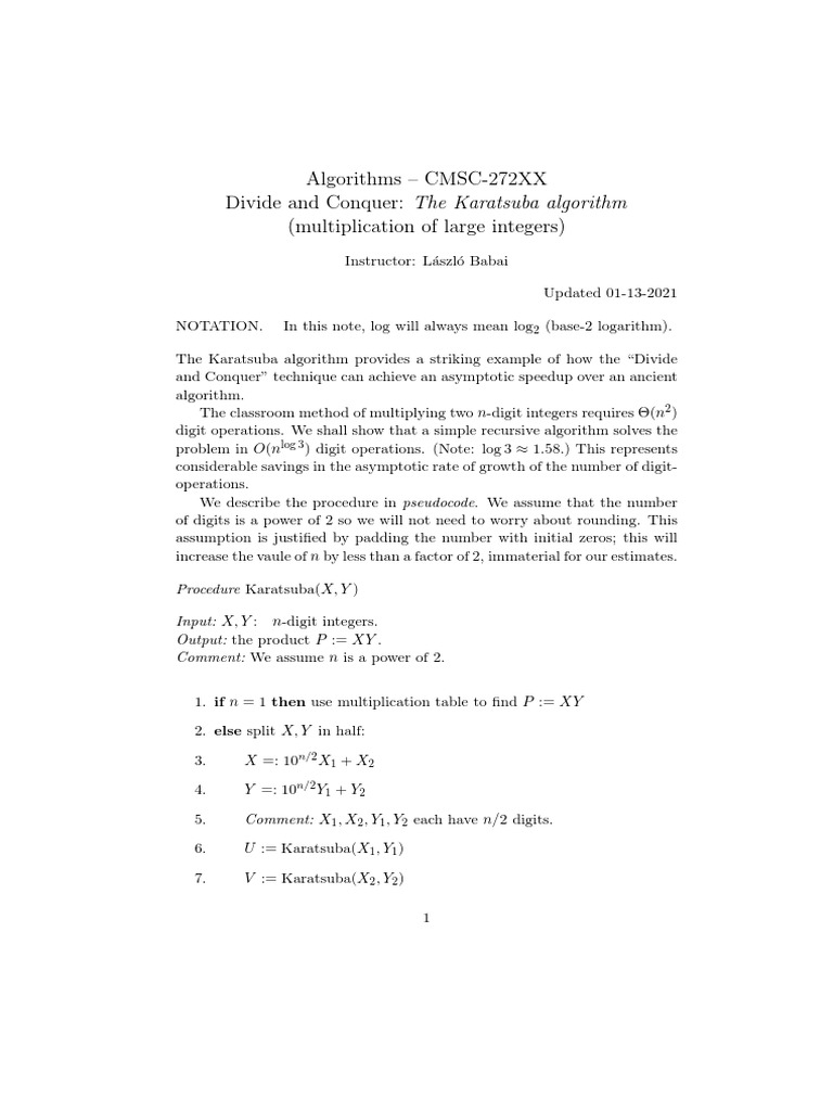 Algorithms - CMSC-272XX Divide and Conquer: The Karatsuba Algorithm (Multiplication of Large ...