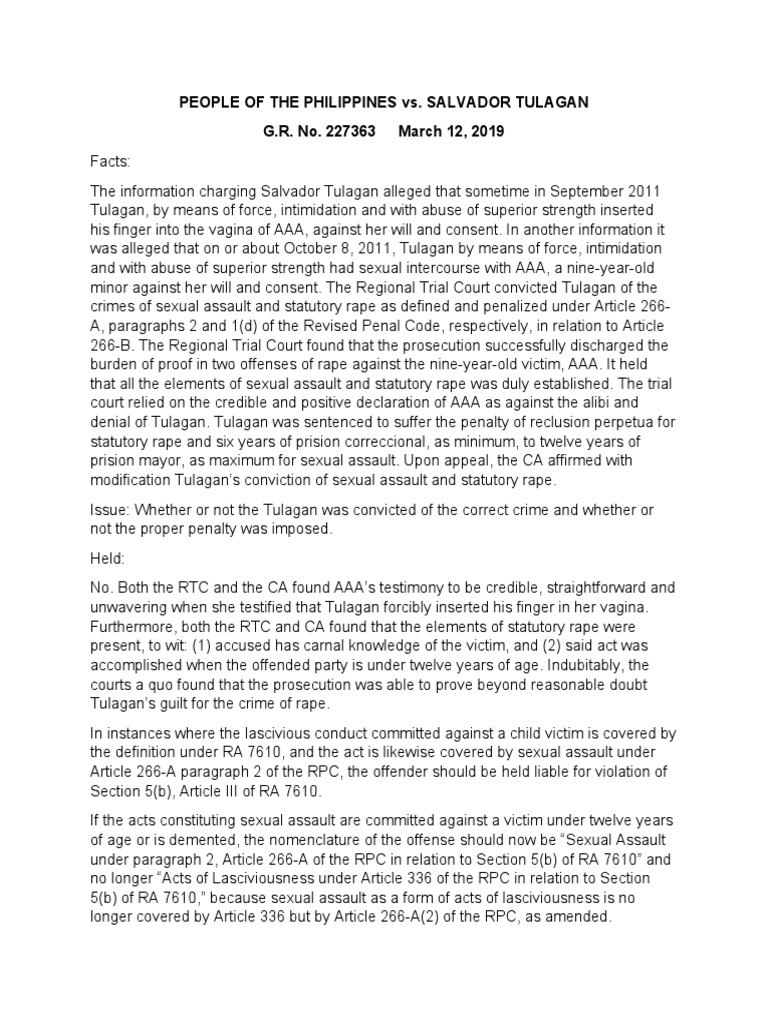 People of The Philippines vs. Salvador Tulagan G.R. No. 227363 March 12, 2019 | PDF | Sexual ...