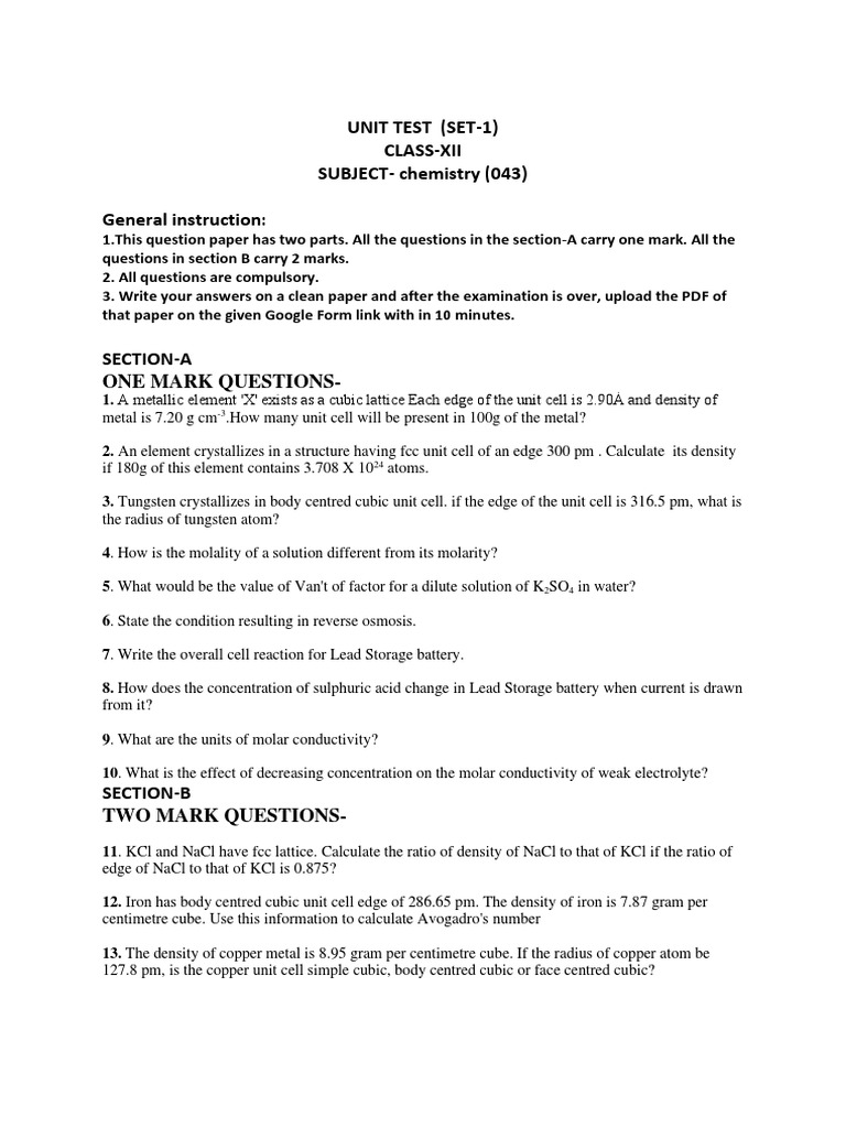 Class XII Chemistry Unit Test Set 1 | PDF | Crystal Structure | Solution