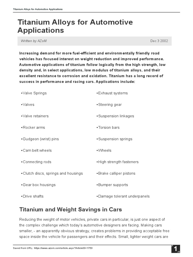 Titanium Alloys For Automotive Applications | PDF | Titanium | Car