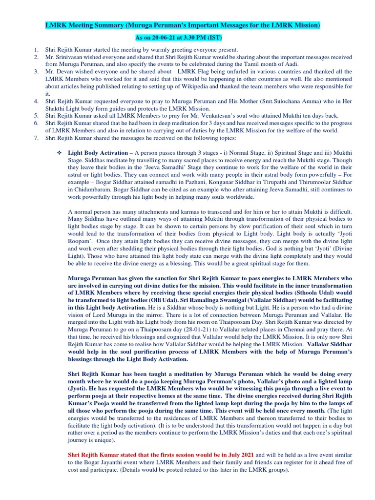 LMRK Meeting Summary - Muruga Peruman's Important Messages For The LMRK ...