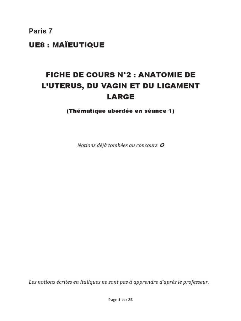 Fiche de Cours N - Anatomie de L Uterus, Du Vagin Et Du Ligament Large ...