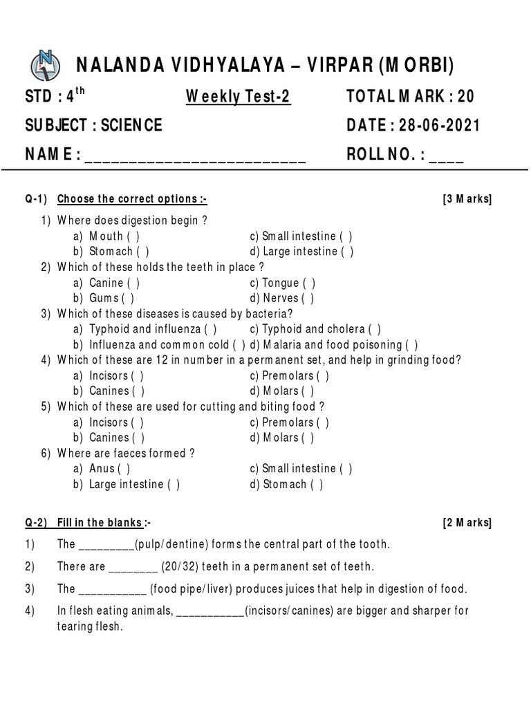 STD-4 Science WT-2 (28-062021) | PDF | Tooth | Digestion
