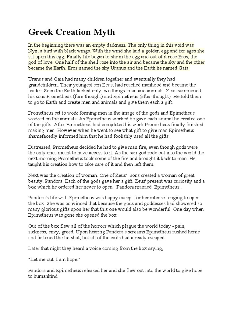 Greek Creation Myth | PDF