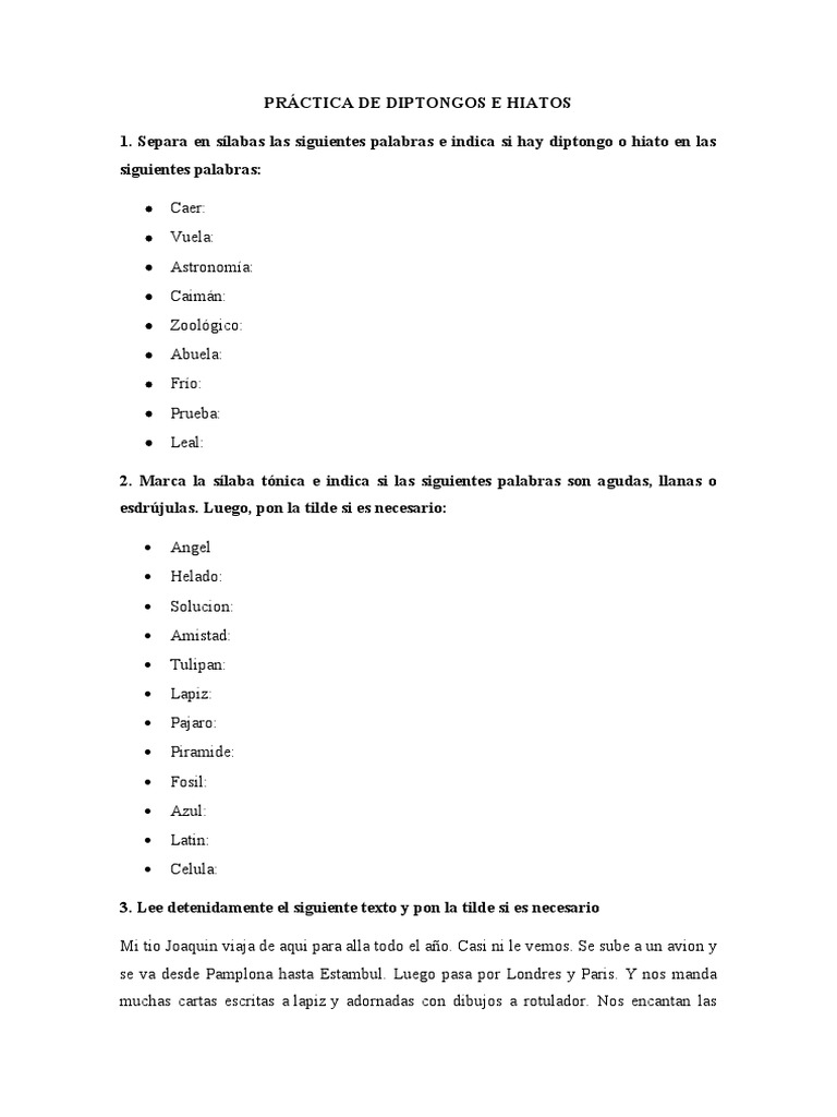 Práctica de Diptongos e Hiatos y Acentuación | PDF