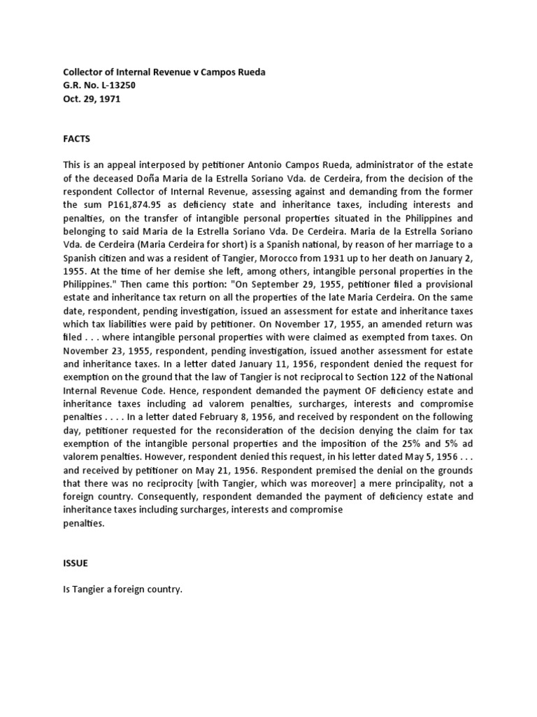 CIR vs. Campos Rueda - Digest | PDF | Estate Tax In The United States ...