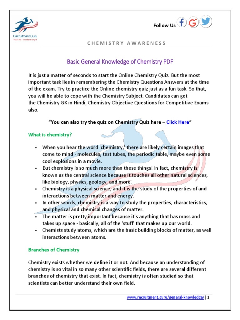 Basic General Knowledge of Chemistry PDF: Follow Us | PDF | Chemical ...