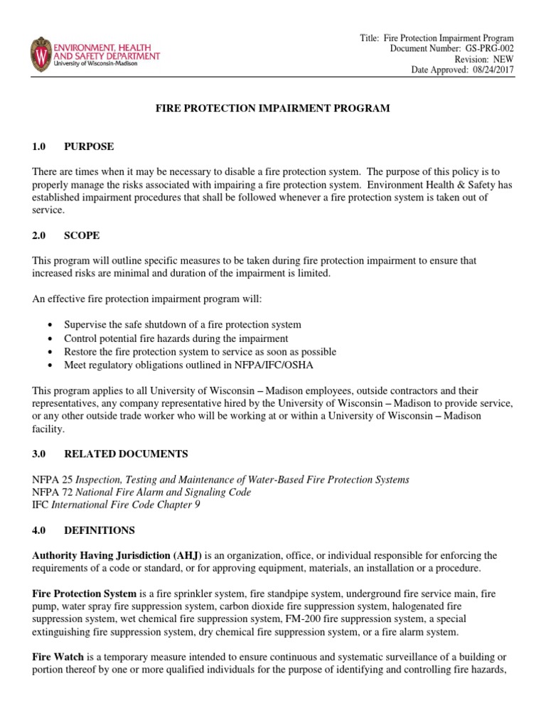 Title: Fire Protection Impairment Program Document Number: GS-PRG-002 ...