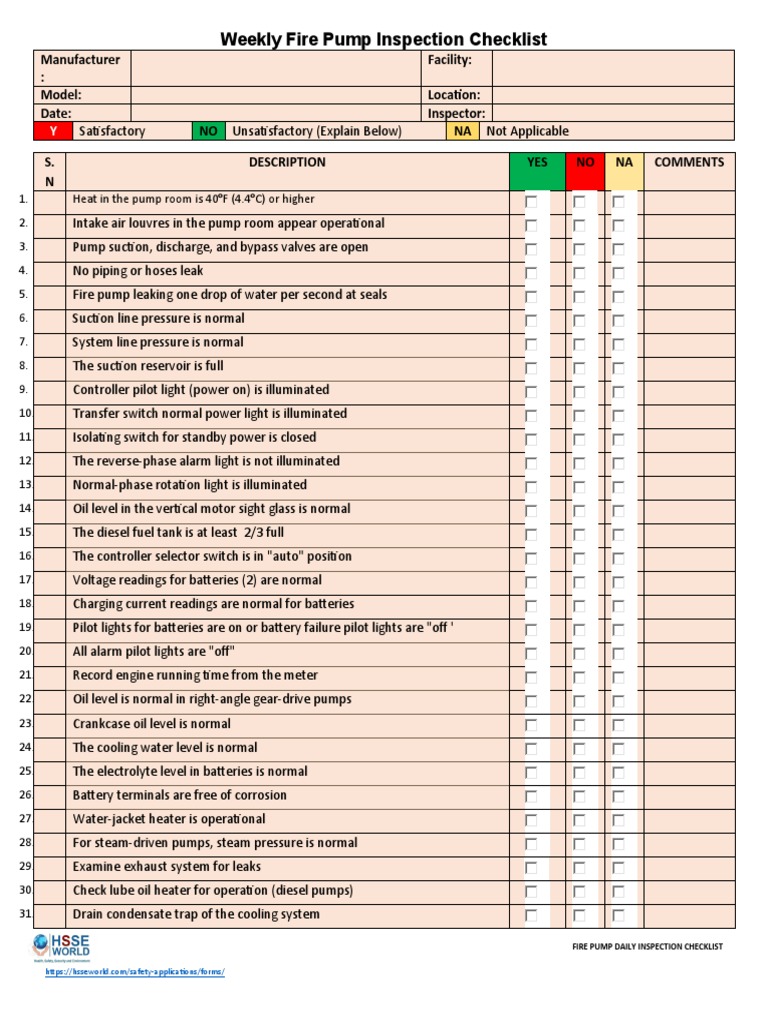 Weekly Fire Pump Inspection Checklist | PDF | Pump | Diesel Engine
