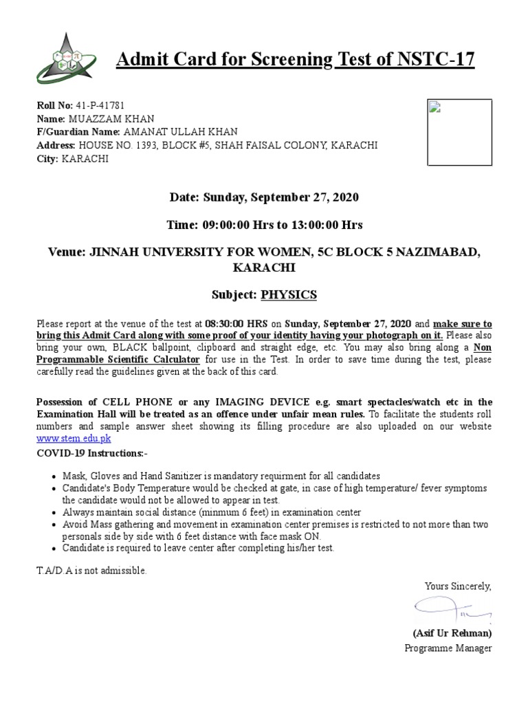 Admit Card For Screening Test of NSTC-17 | PDF | Multiple Choice | Science