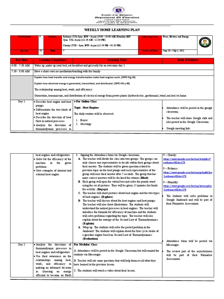 Weekly Home Learning Plan: Day/Time Learning Competency Learning Tasks ...