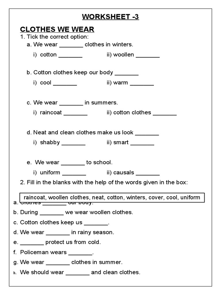 Worksheet-3 Clothes We Wear | PDF