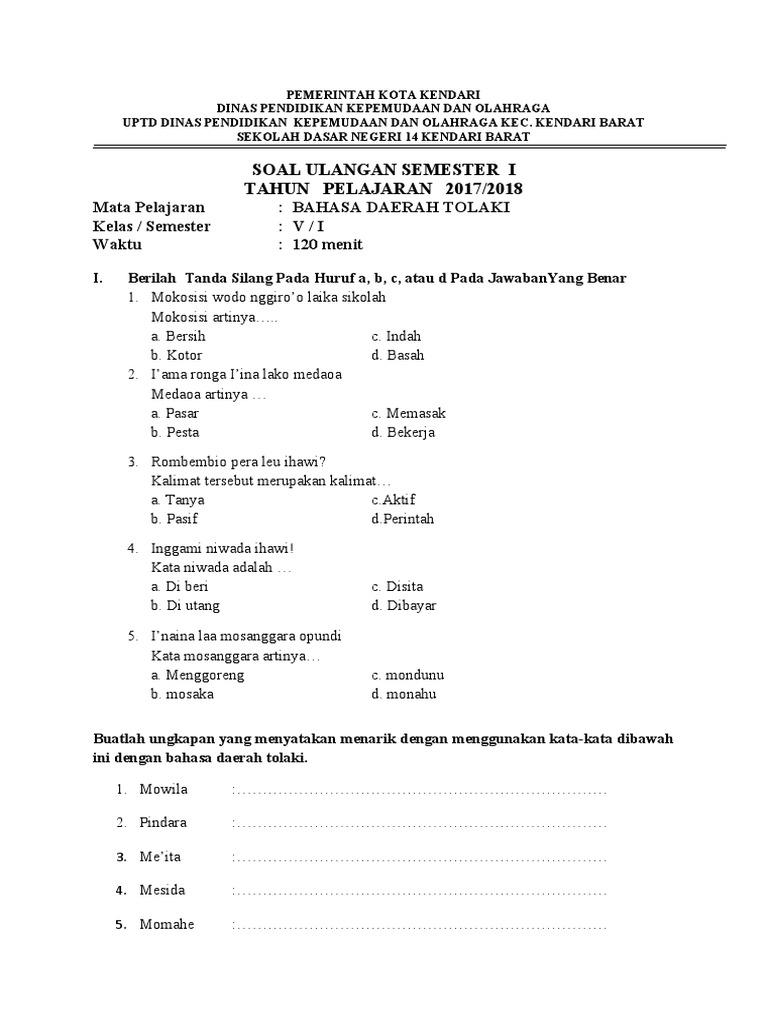 Soal Ulangan Bahasa Daerah Tolaki Kelas 5 | PDF