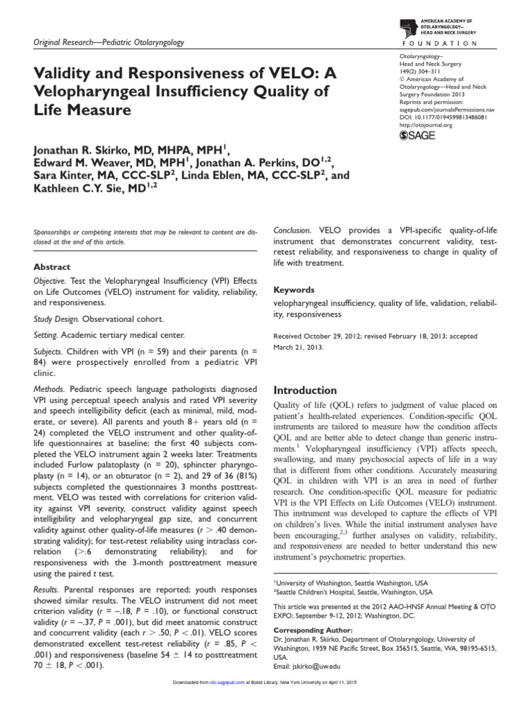 Validity and Responsiveness of VELO: A Velopharyngeal Insufficiency ...