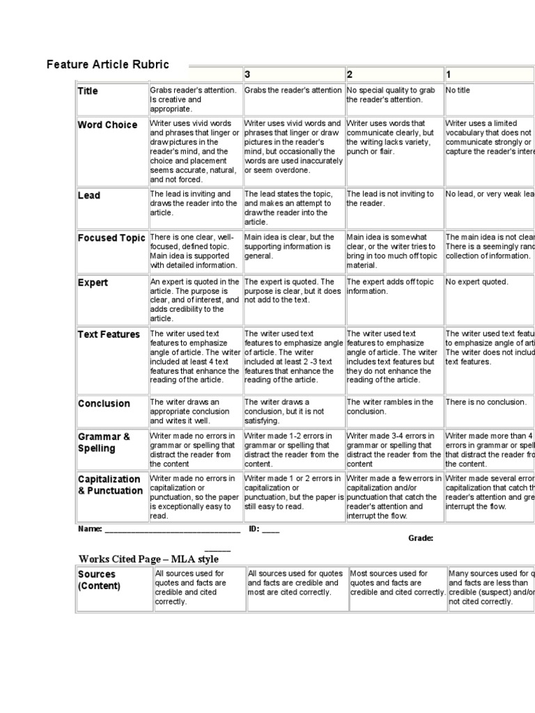 Feature Article Rubric | PDF | Writers | Writing