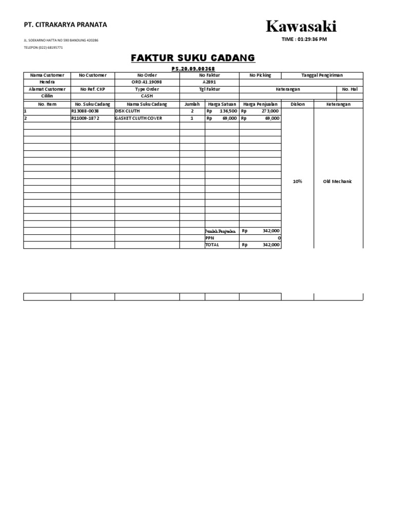 Kawasaki: Faktur Suku Cadang | PDF