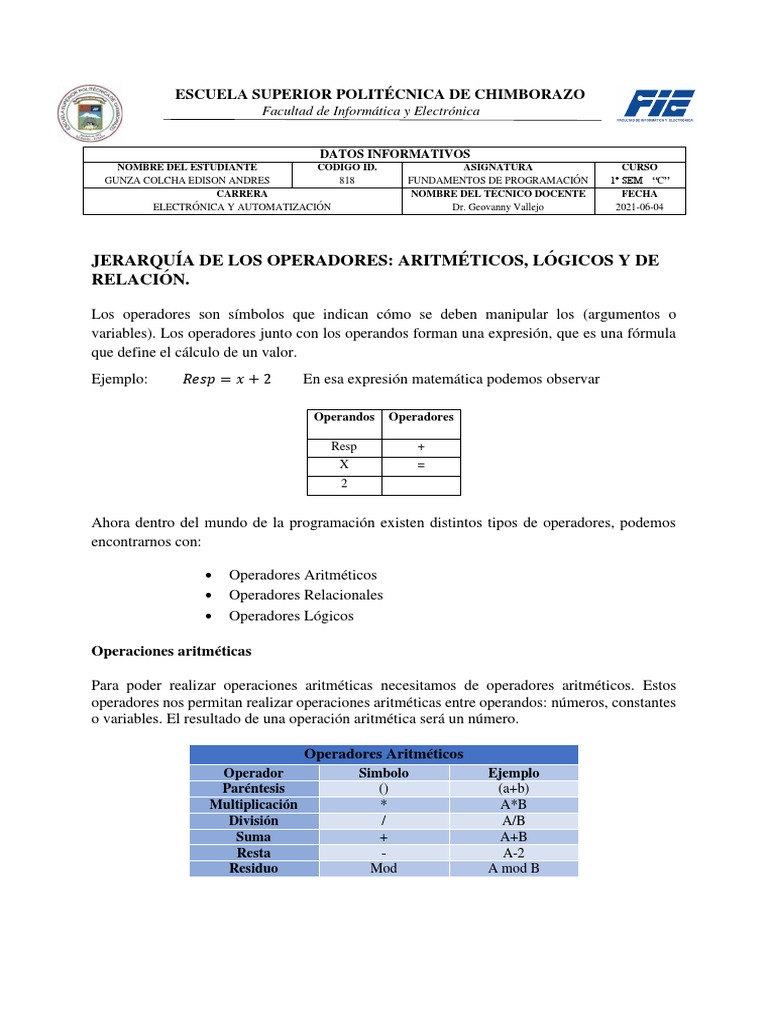 Jerarquía de Los Operadores | Descargar gratis PDF | Enseñanza de ...