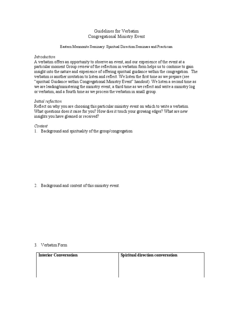 Guidelines For Verbatim Congregational Ministry Event | PDF