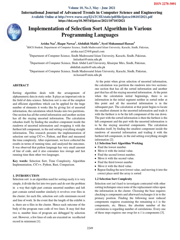 Implementation Of Selection Sort Algorithm In Various Programming Languages Download Free Pdf 5930