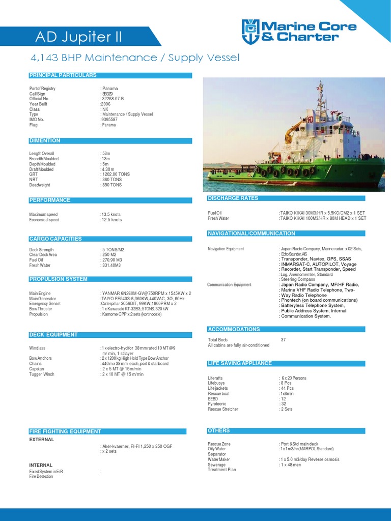 AD Jupiter II: 4,143 BHP Maintenance / Supply Vessel | PDF | Shipping | Water Transport