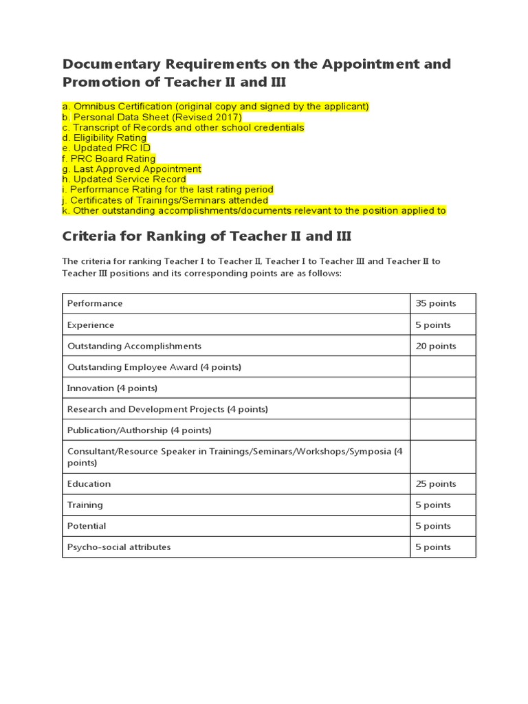 Teacher II and III Promotion Requirements | PDF