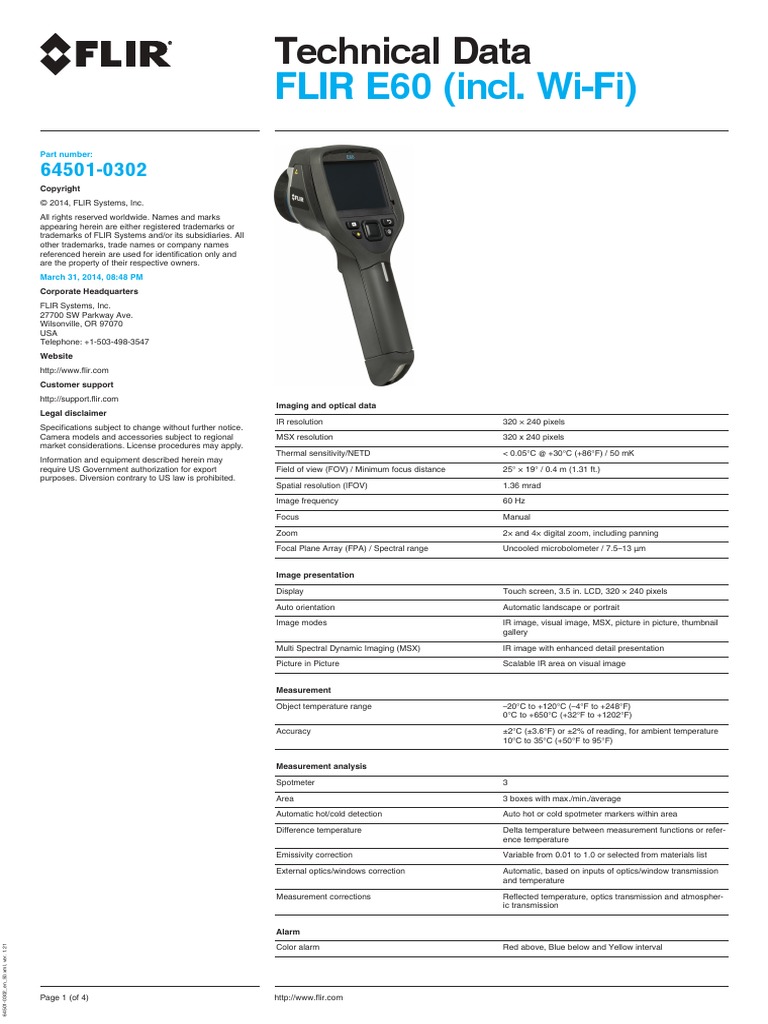FLIR E60 (Incl. Wi-Fi) : Technical Data | PDF | Field Of View | Infrared