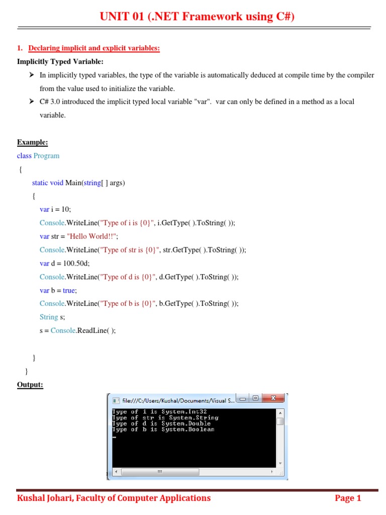 Mca 401 Unit 01 Pdf Class Computer Programming C Sharp 