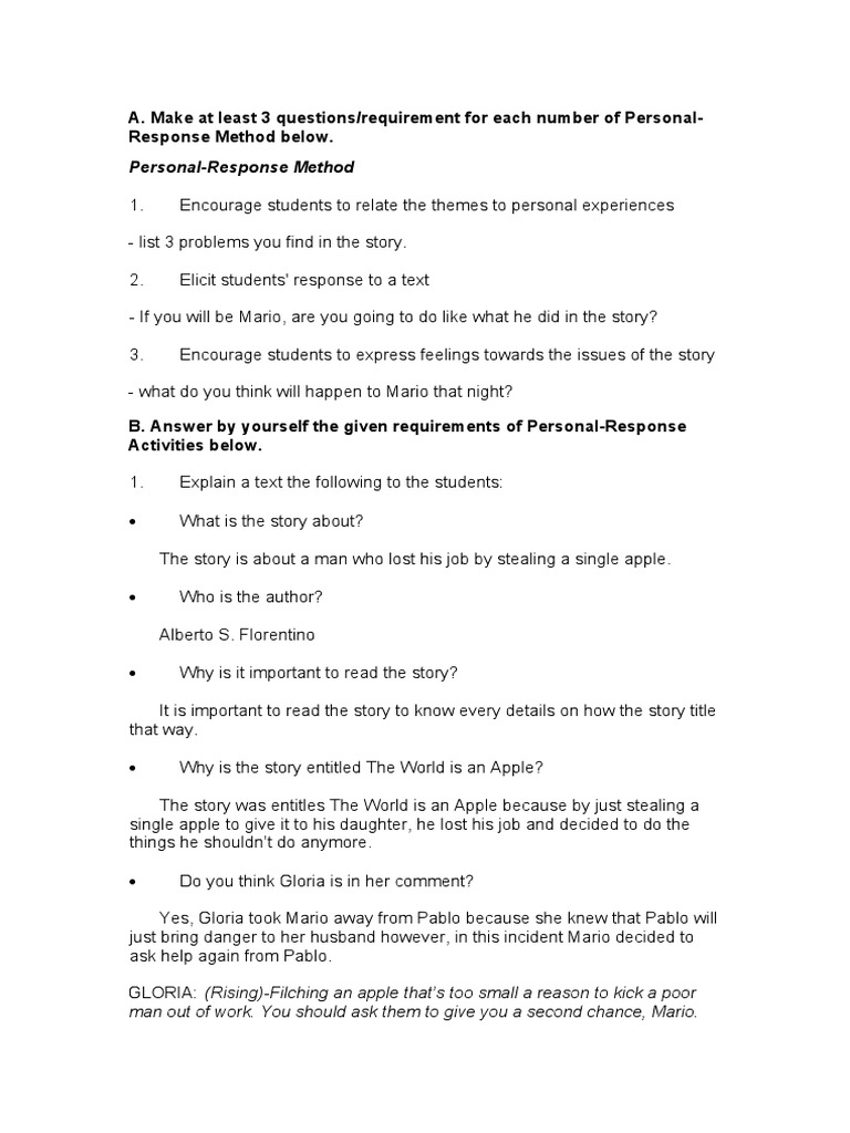 Personal-Response Method: A. Make at Least 3 Questions/requirement For ...