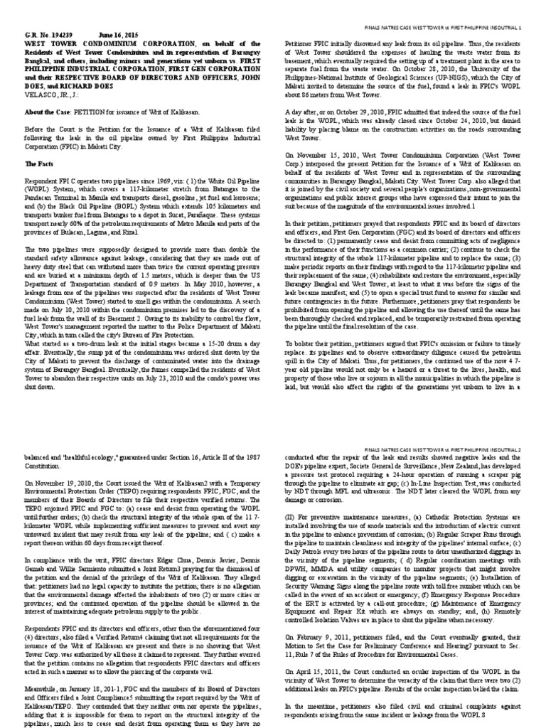 WEST TOWER Vs FIRST PHILIPPINE INDUSTRIAL | PDF | Pipeline Transport ...