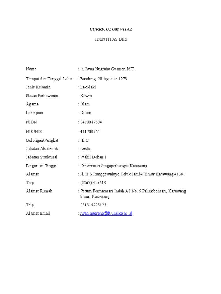 Curriculum Vitae: Iwan - Nugraha@ft - Unsika.ac - Id | PDF