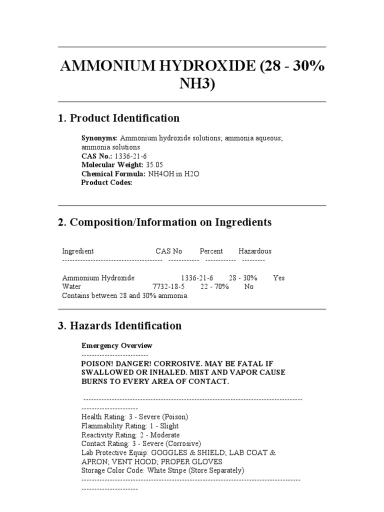 Nh4oh MSDS | PDF | Ammonia | Hazardous Waste