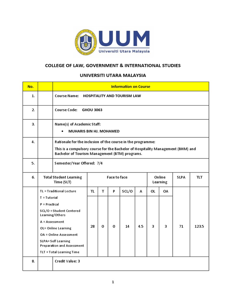 Syllabus GHOU3063 HOSPITALITY AND TOURISM LAW LATEST | PDF | Tort ...