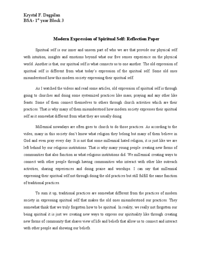 Modern Expression of Spiritual Self: Reflection Paper: Krystal F ...