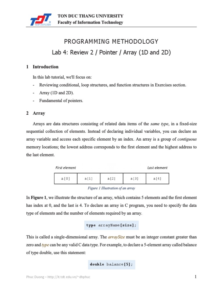 Programming Methodology Lab 4 Review 2 Pointer Array 1d And 2d Pdf Pointer Computer