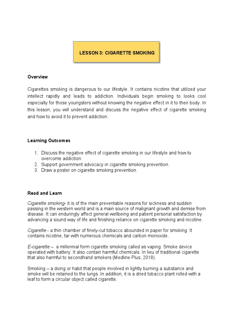 Lesson 3: Cigarette Smoking: Cigarette Smoking-It Is of The Main ...