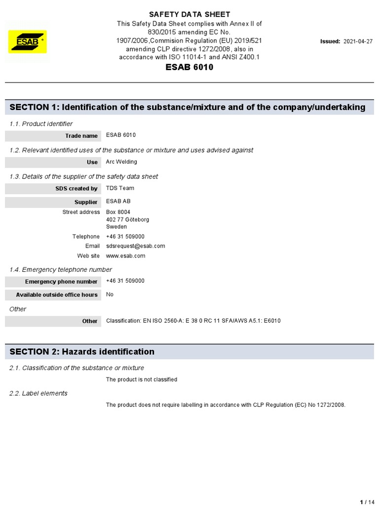 ESAB 6010: Safety Data Sheet | PDF | Toxicity | Firefighting