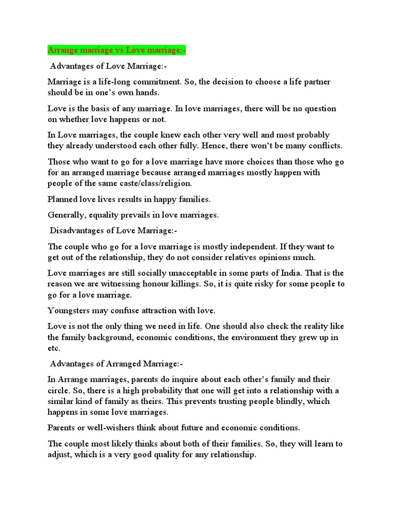 Love vs Arranged Marriage: Pros and Cons | PDF | Marriage | Further ...
