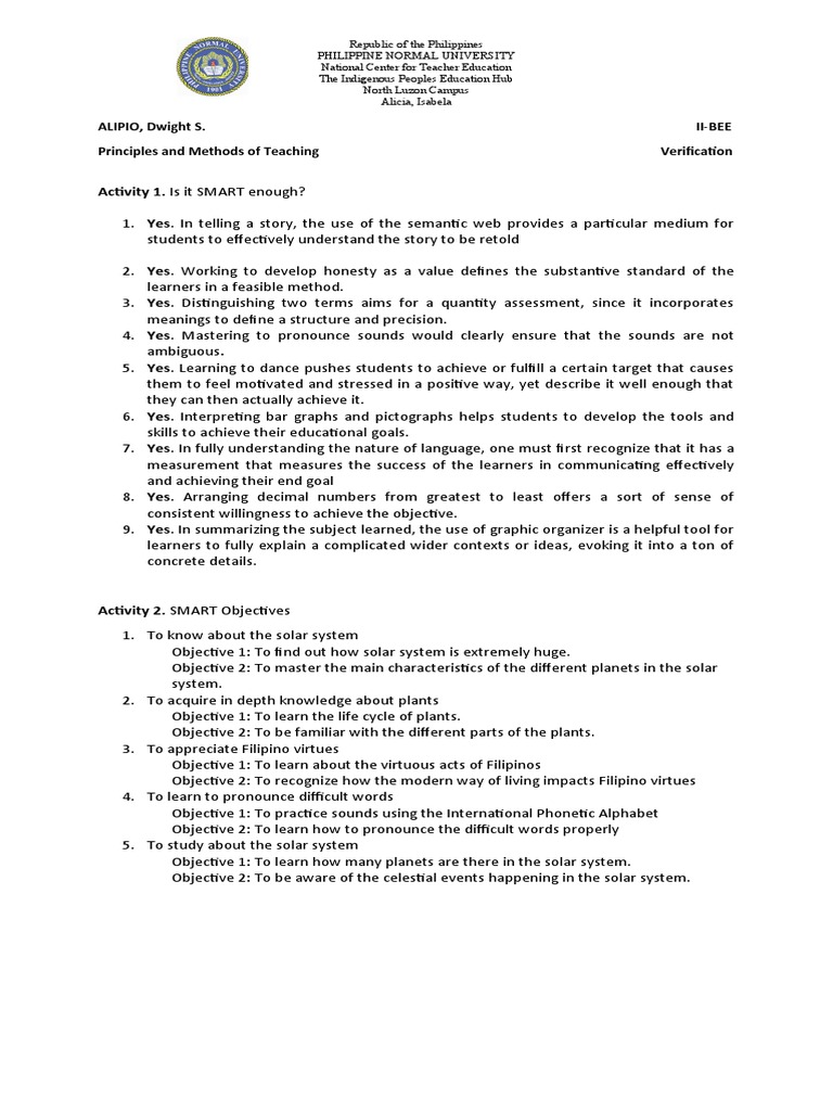 Activity 1. Is It SMART Enough?: ALIPIO, Dwight S. Ii-Bee Principles and Methods of Teaching ...