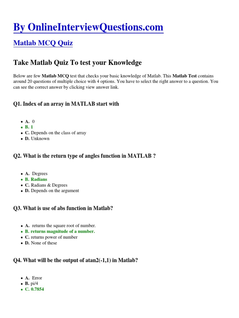 Matlab MCQ Quiz | PDF | Matlab | Multiple Choice